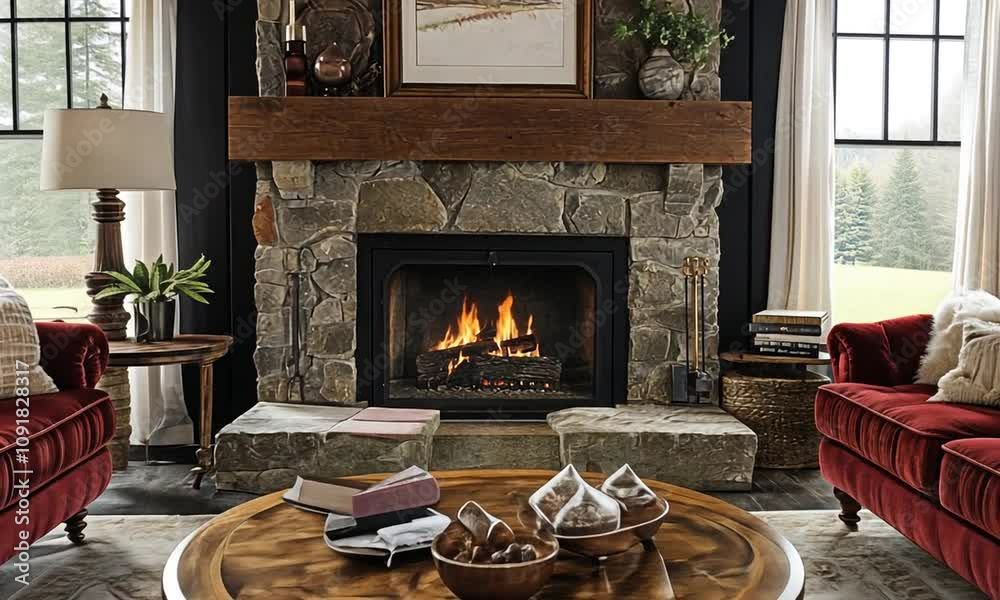 Cozy and Elegant Living Room with Rich Textures, Stone Fireplace, Plush ...