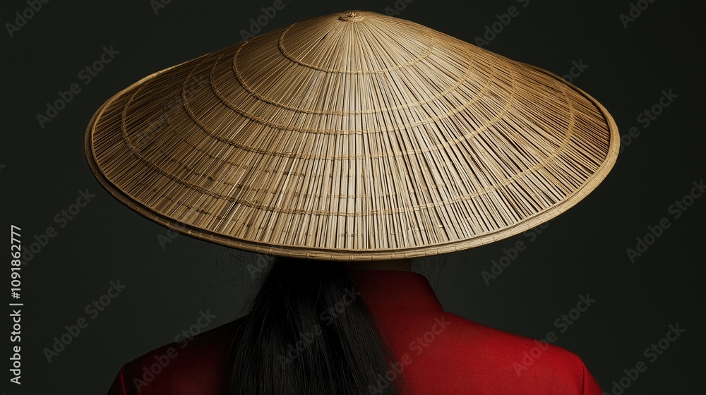 Asian traditional straw cone hat on a woman in red clothes on a dark ...