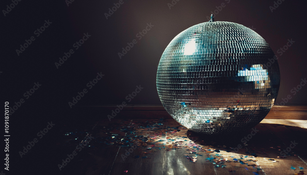 Giant disco mirrorball on wooden dance floor in run down opulent ...