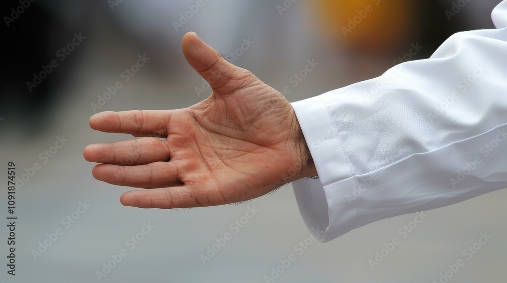 A poised figure reaching out, signifying engagement, with a blurred ...