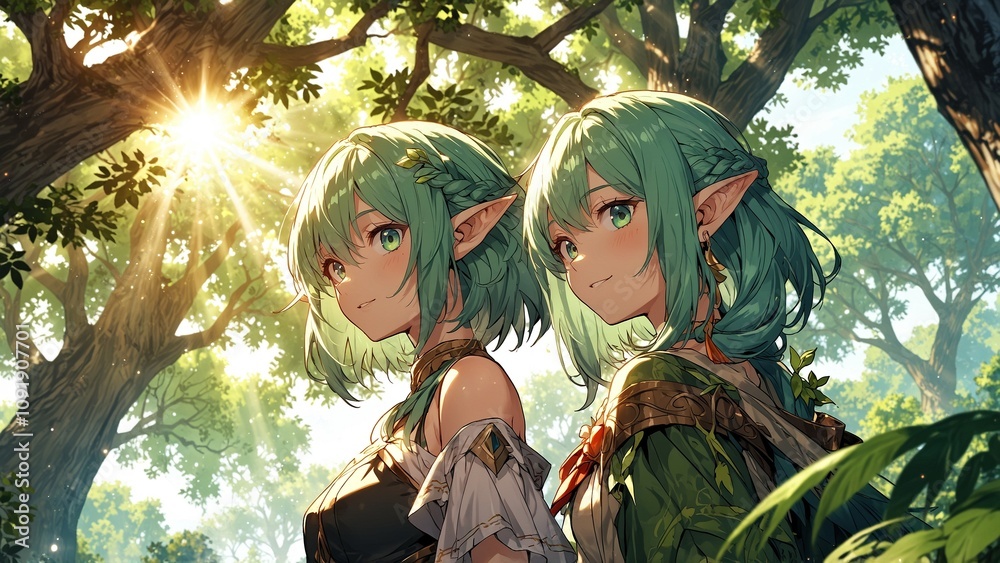 A green-haired elf girl standing under a giant tree in the forest, with ...