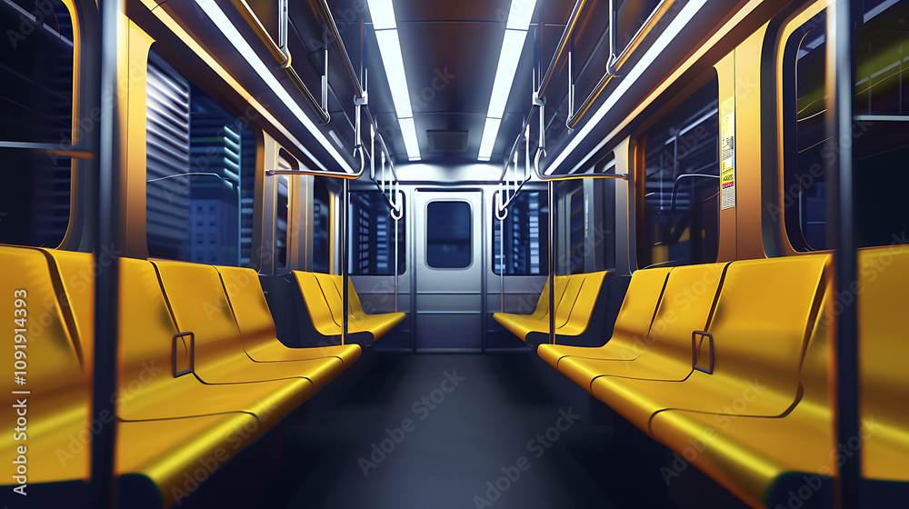 Urban Underground Scene Featuring Empty Subway Train with Yellow Seats ...