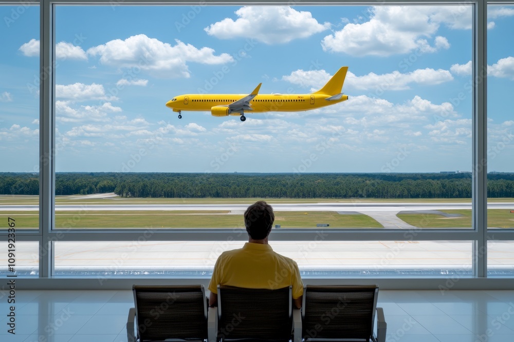 Airport observation deck with people watching planes take off and land ...
