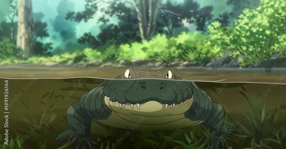 anime animation featuring an alligator floating in swamp perfect for ...