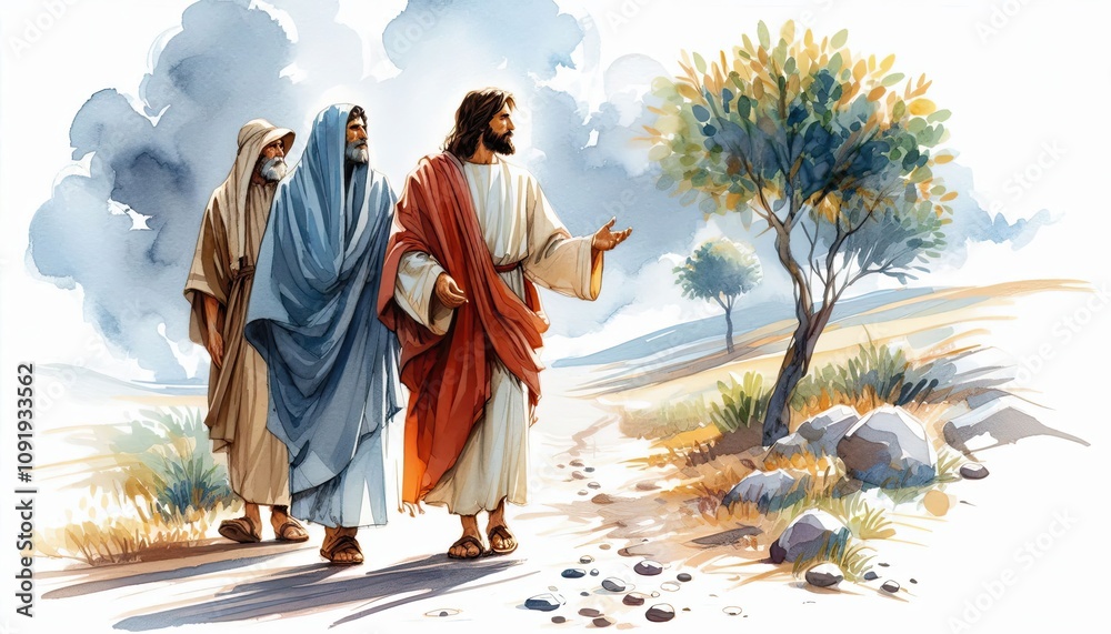 ภาพประกอบสต็อก The Road to Emmaus, Jesus walking with two disciples on ...