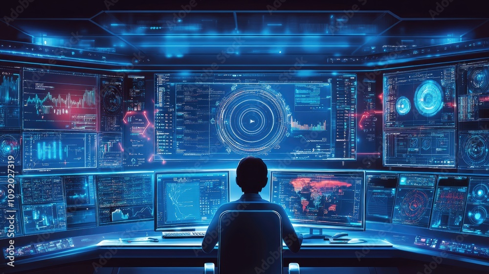Futuristic Control Room with High-Tech Displays Showing Data Analysis, Graphs, and Digital ...
