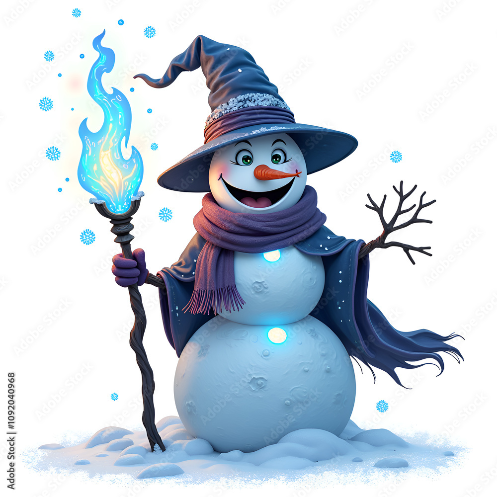 Magical snowman conjuring winter wonders with a flickering flame and ...