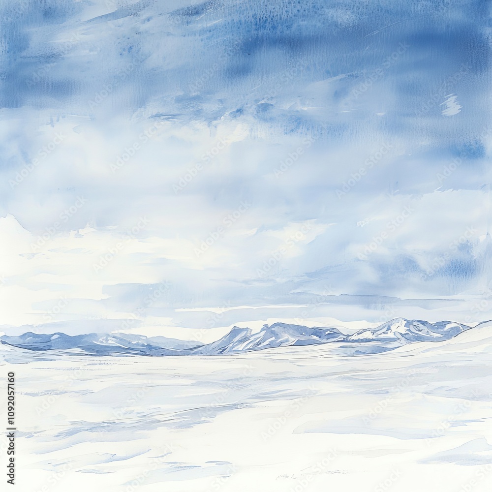 Watercolor painting of a snow-covered forest of bare trees with a faint ...