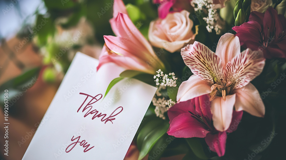 note on soft, textured paper, accompanied by a vibrant bouquet of ...