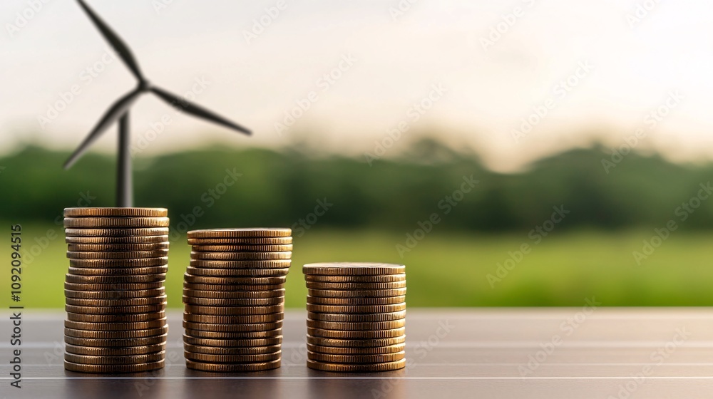Solar savings concept.A wind turbine stands atop stacks of coins ...