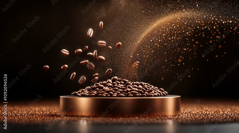 Macro 3D stage with rich coffee bean textures, soft mist and beans ...