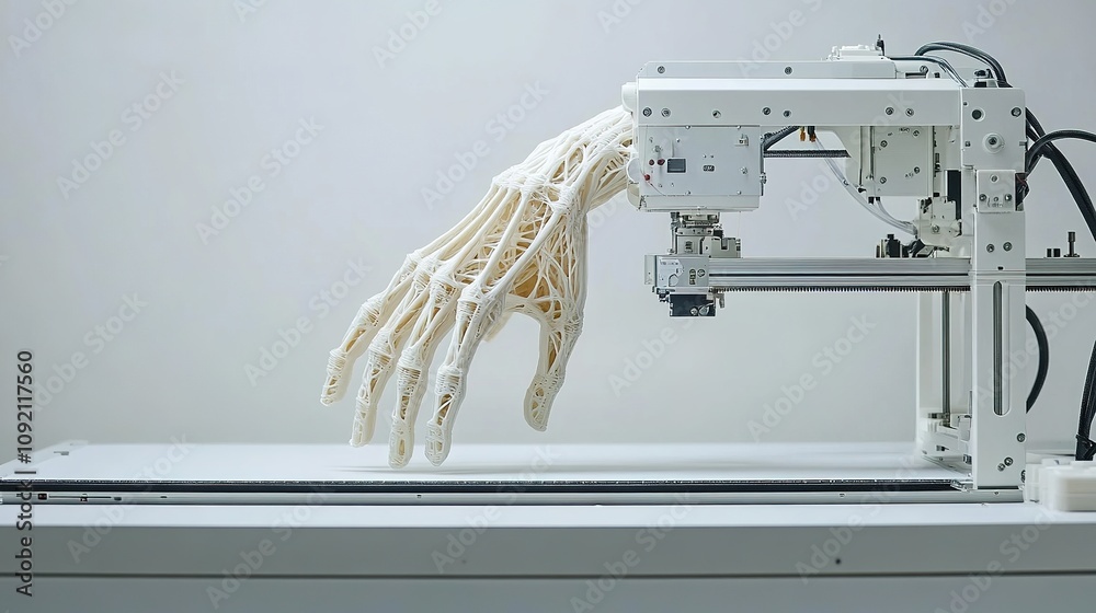 futuristic 3D printer creating a custom prosthetic limb, set against a ...