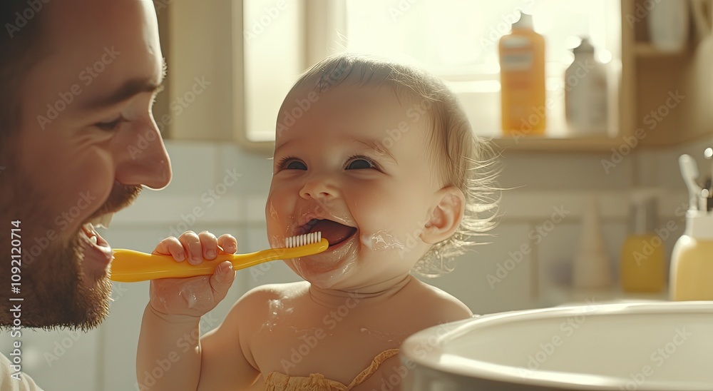 The dad is brushing his baby's teeth with a yellow toothbrush and ...