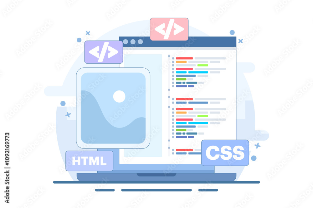 Web development concept. Programming languages. CSS, HTML, IT, UI. programmer developing website ...