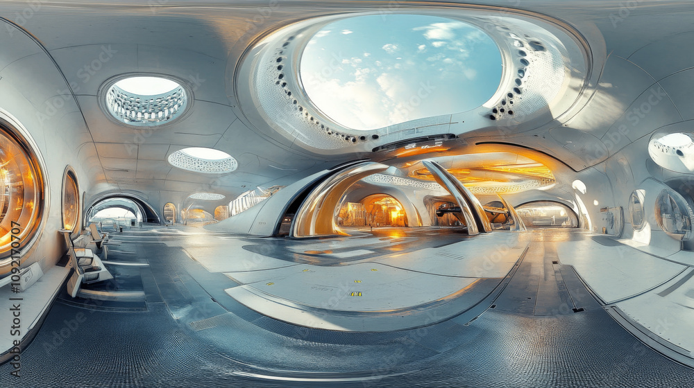 360 degree panorama view.A 3D rendering shows a futuristic hangar. It's ...