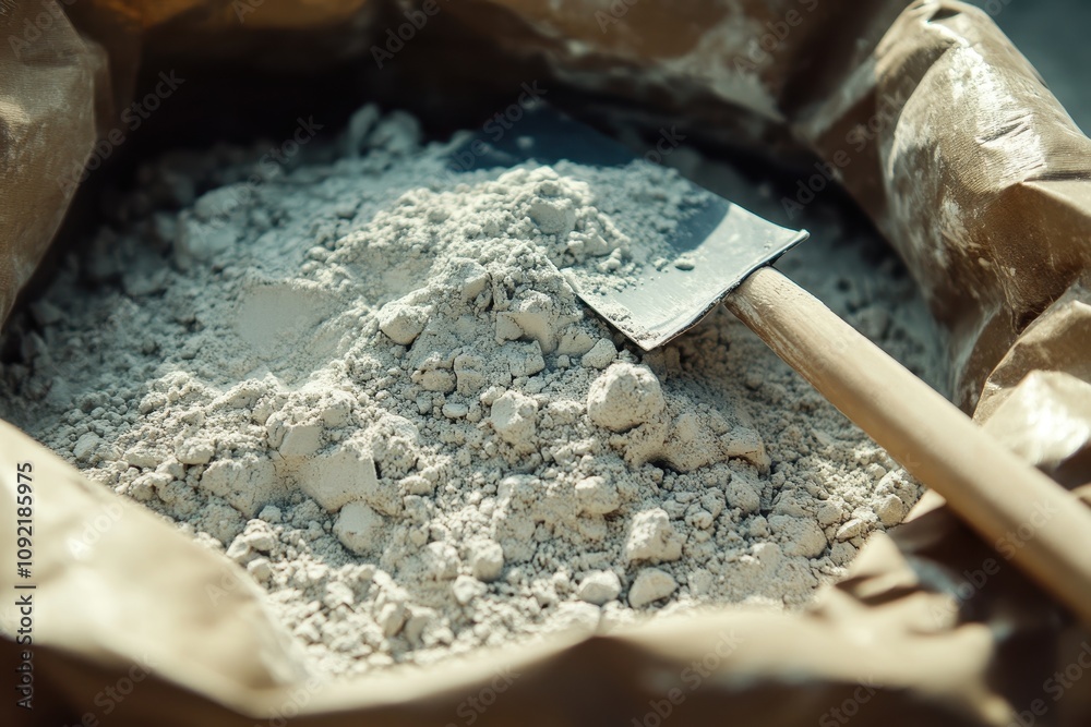 Gray cement powder in a bag. Shows construction material ready for use ...