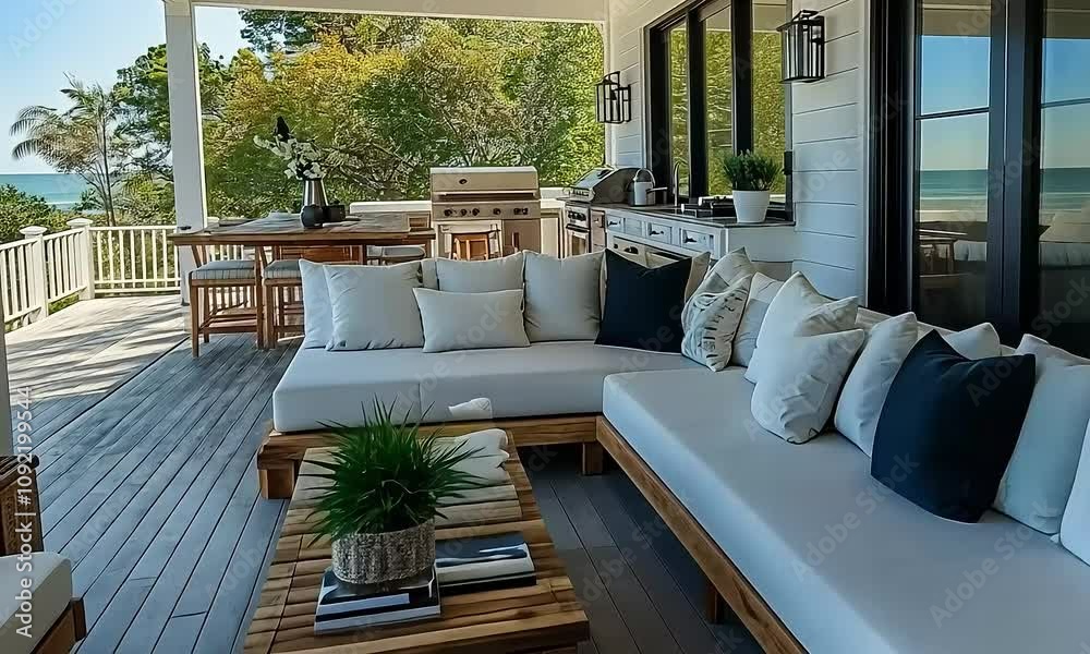 Modern Coastal Veranda with Plush Lounge Sofa, Pillows, and BBQ in a ...