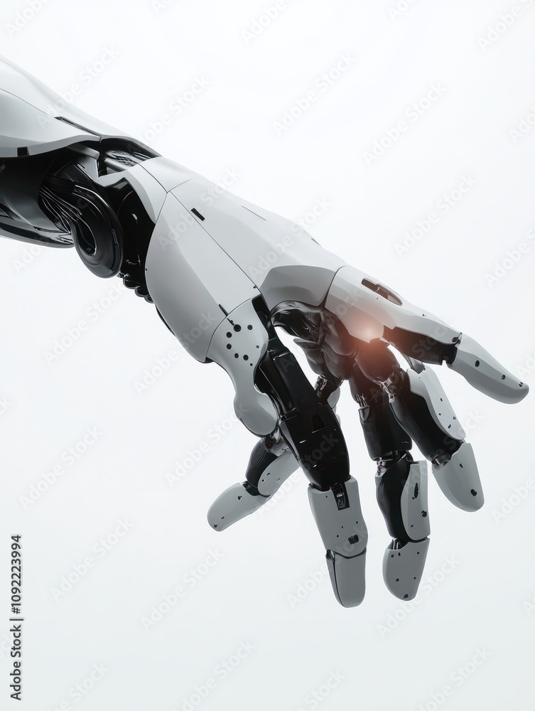 Robot arm touching human hand. Automatization, robotics, 4IR Fourth ...