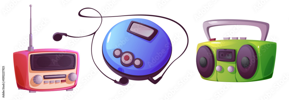 Retro music devices - red compact radio receiver with antenna, blue ...