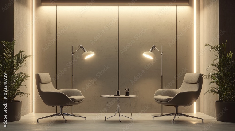 A polished and minimal interview studio featuring three modern chairs ...