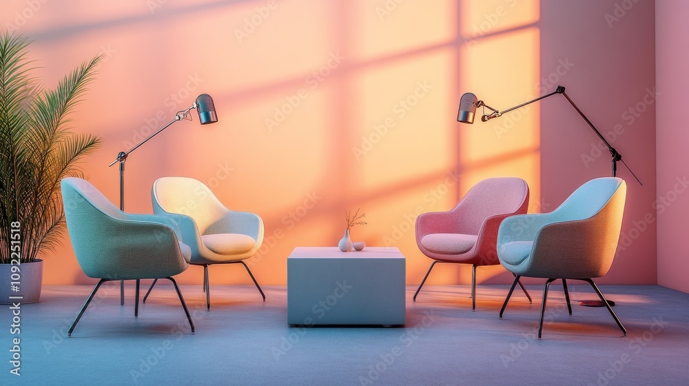 Group interview space featuring four minimalist chairs in soft colors ...