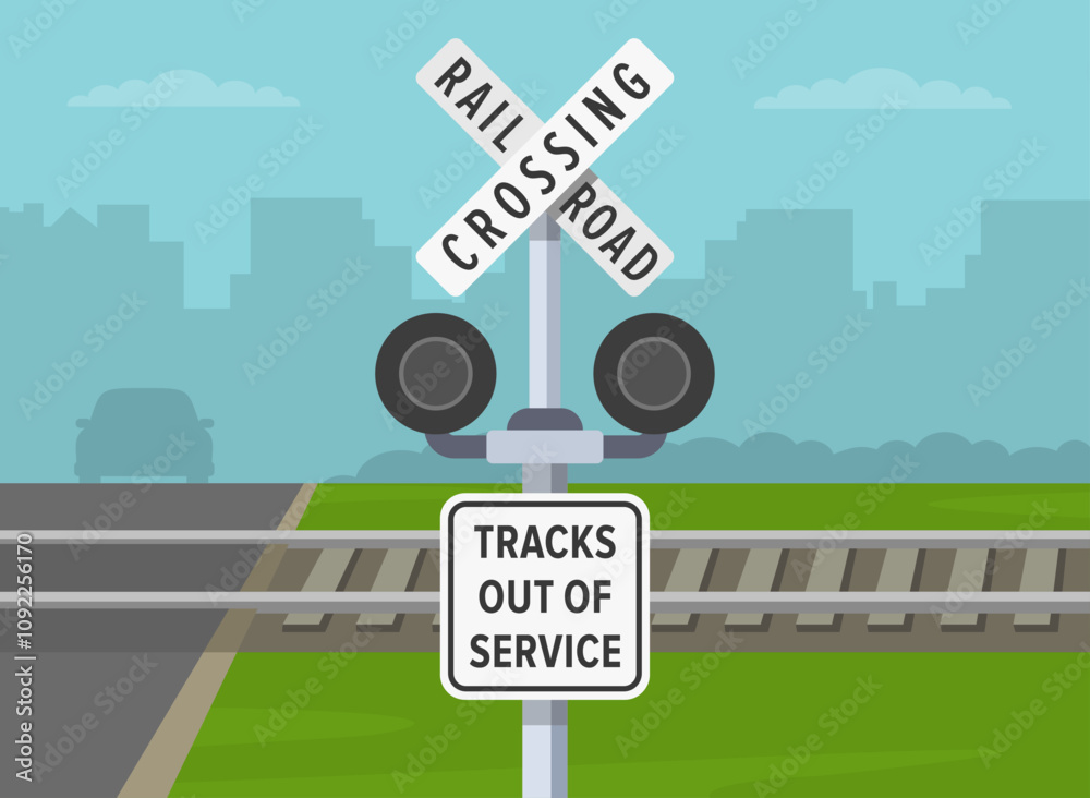 Driving tips and traffic regulation rules. Close-up of a "railroad ...