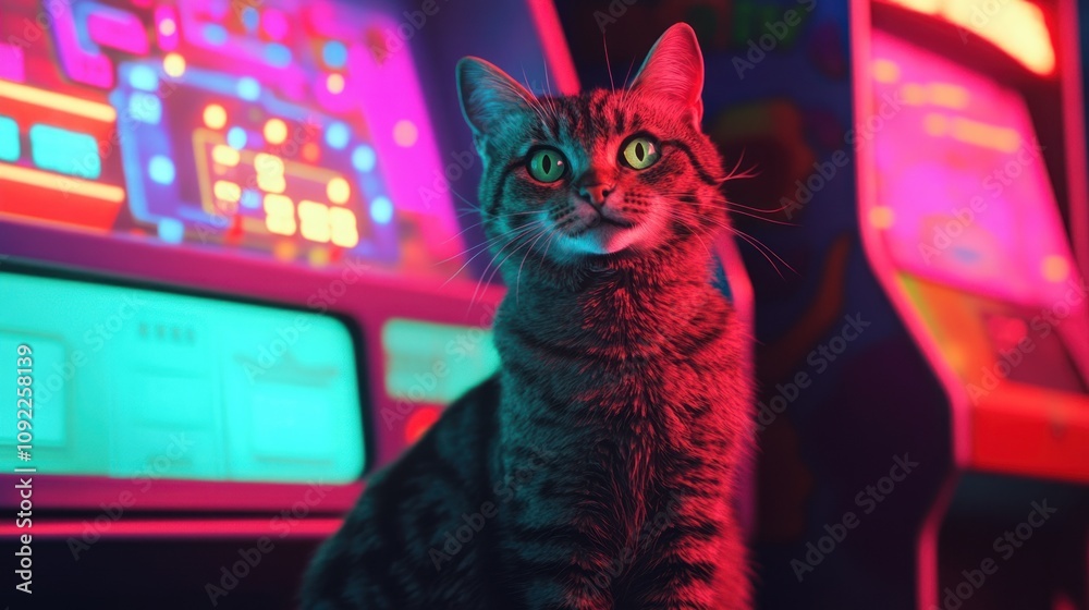 Cute cat standing in front of an 80s arcade machine glowing with ...