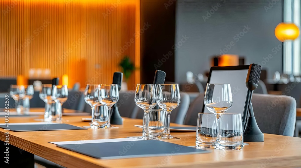 Conference room setup with individual microphones placed at each seat ...