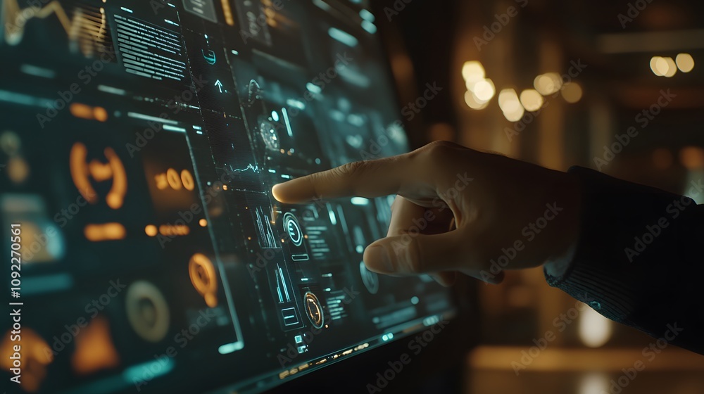 A corporate strategist pointing at a 3D holographic timeline of goals ...