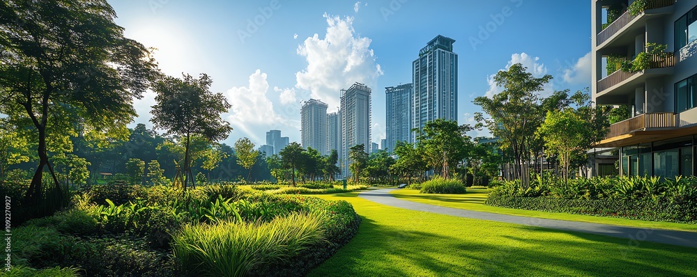 View of a modern city with lush green parks, integrated green spaces ...
