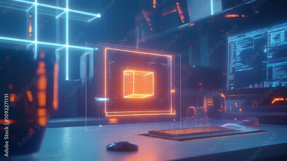 A collaborative design lab featuring 3D glowing product prototypes and ...