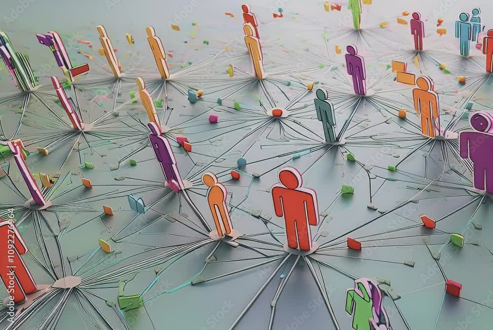 Colorful Network of Interconnected Human Figures Representing Social ...