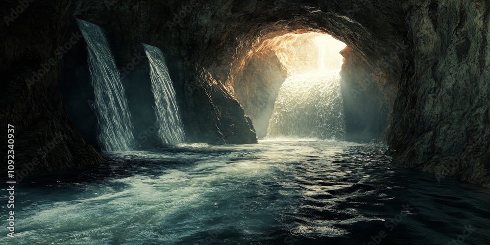 Dynamic water stream in an underground river cascades through a deep ...