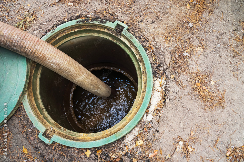 Clogged septic tank. Emptying the septic tank. Pipe in the drainage pit ...