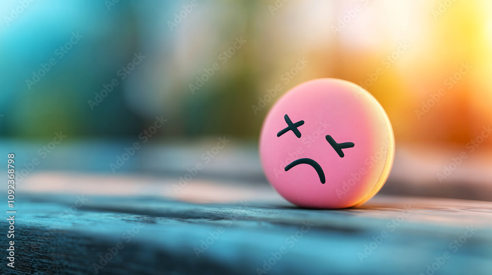 Sad and Depressed Emoji on a Wooden Surface with Blurred Background ...