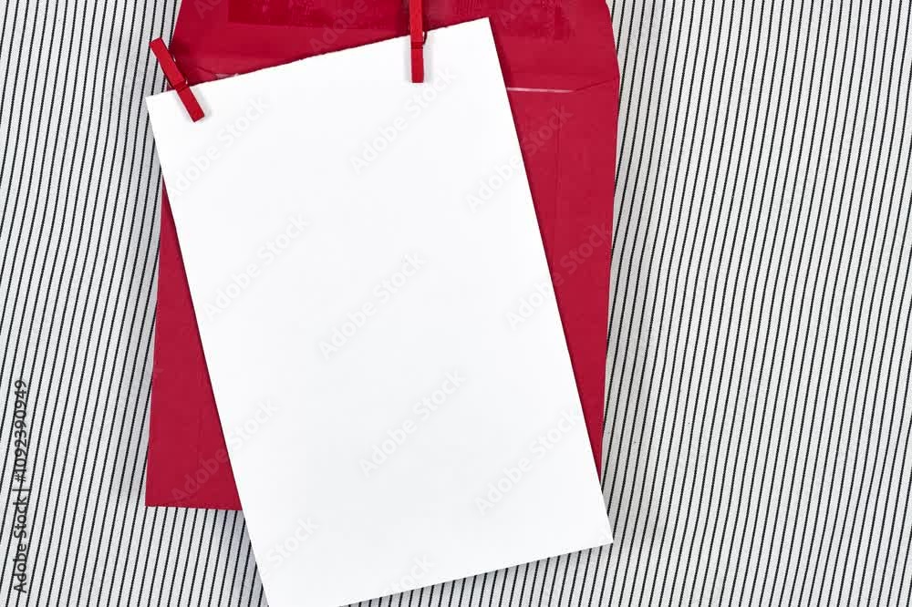Blank greeting card, flyer or invitation card mockup with red peg ...