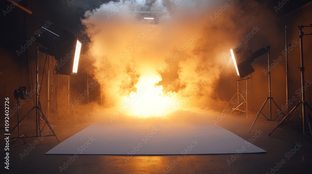 The large limbo of the photo set with white floor is shrouded in smoke ...