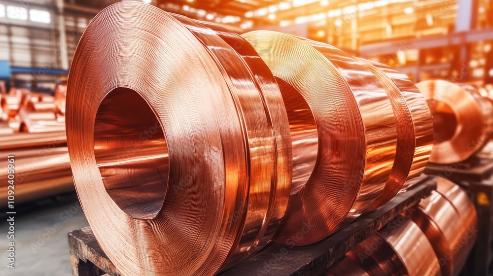 Copper coils stacked neatly in a manufacturing facility, reflecting ...
