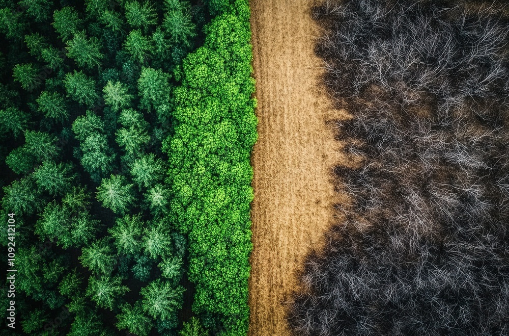A top-down view of an open field, with one side covered in a dense ...