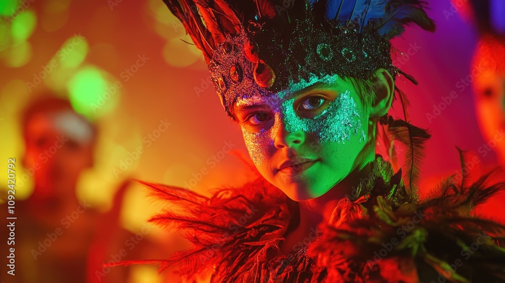 Student performer in vibrant costume with feathers and face paint ...