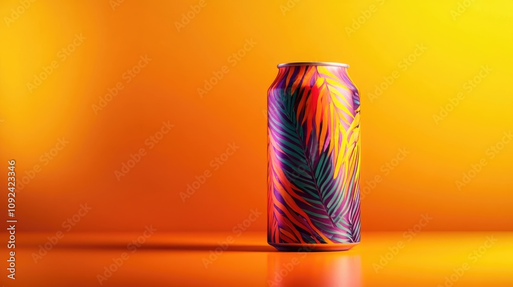 Soda can featuring vibrant tropical leaf design against a bright orange ...