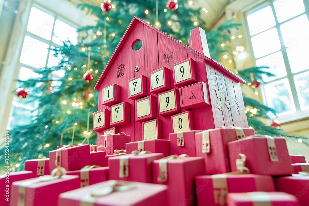 A vibrant wooden advent calendar shaped like a house sits prominently ...
