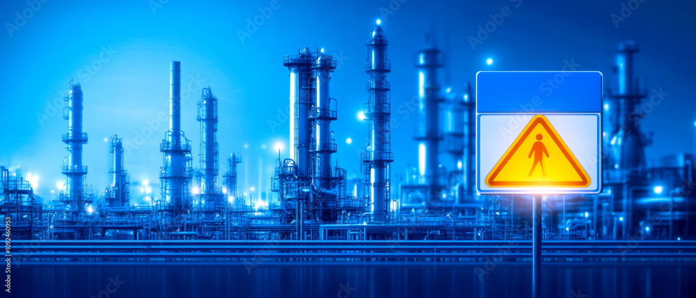 A nighttime industrial scene featuring illuminated oil rigs, with a ...