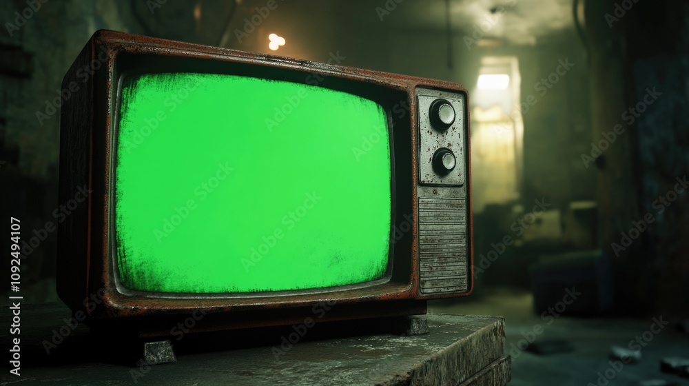 Retro box television set mock up with green screen, nostalgic ...