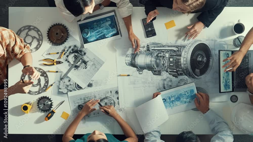 Top down aerial view of smart engineer team working together to design ...