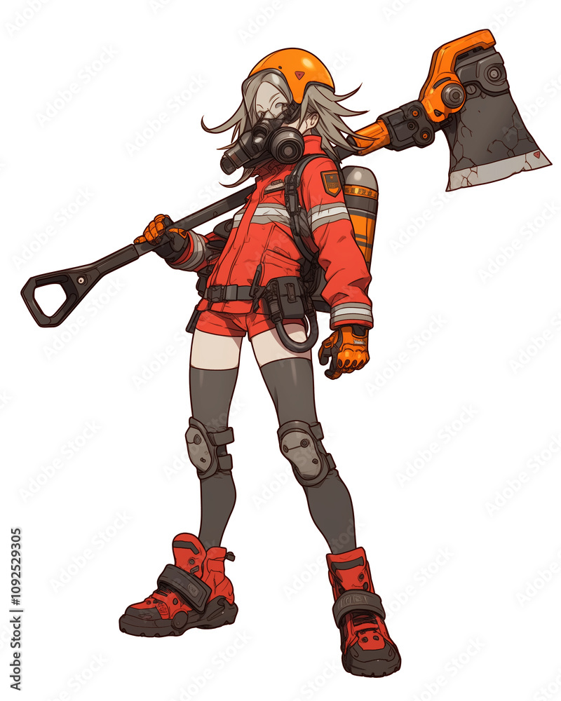 confident firefighter in full gear, including helmet and gas mask ...