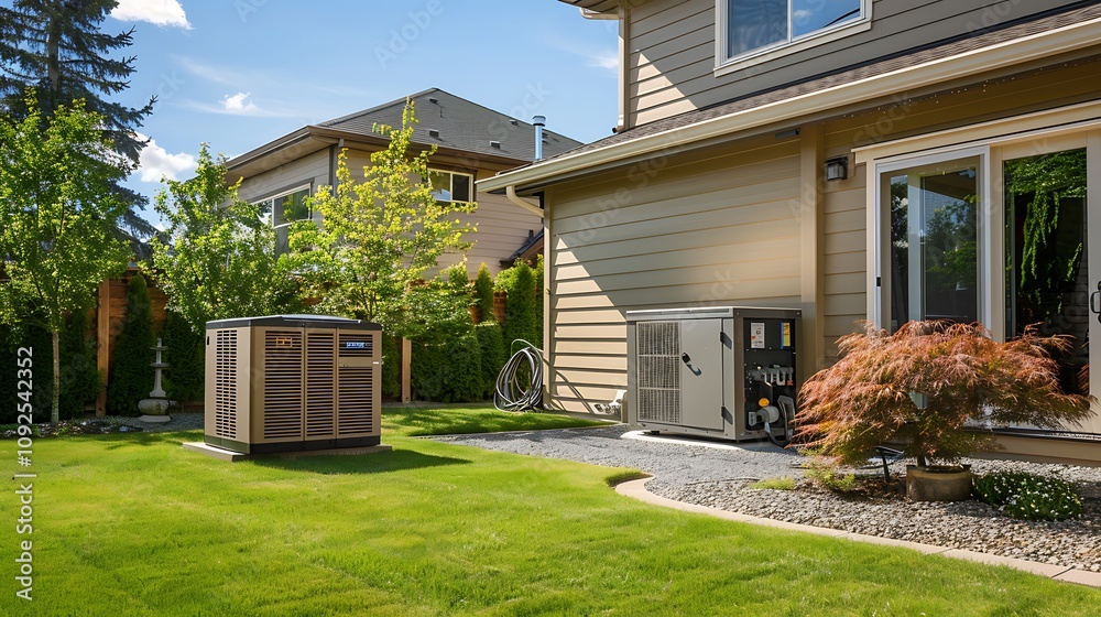 A home standby generator installed at the backyard of a house an air ...