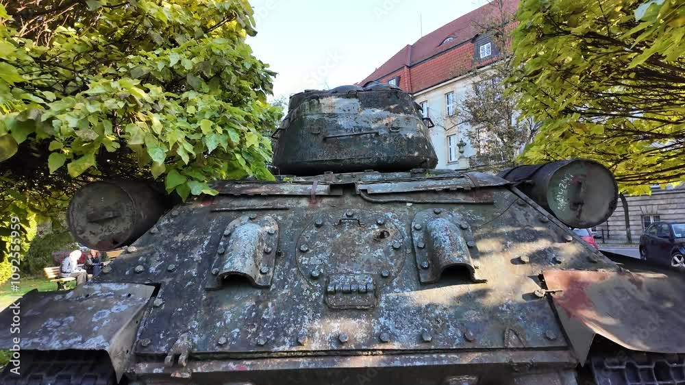 Back of Soviet T-34 tank, world war II, artillery gun on armored turret ...