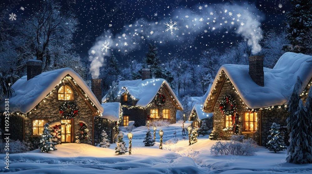 Charming snow-covered village scene with quaint cottages and festive ...