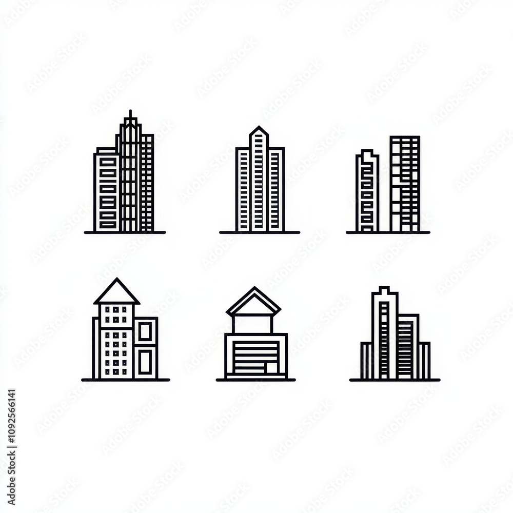 Collection of modern building icons featuring various architectural ...